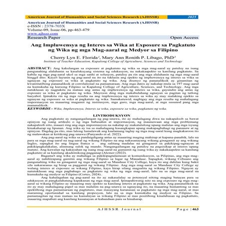 Ang Impluwensya ng Interes sa Wika at Exposure sa Pagkatuto ng Wika ng mga Mag-aaral ng Medyor ...