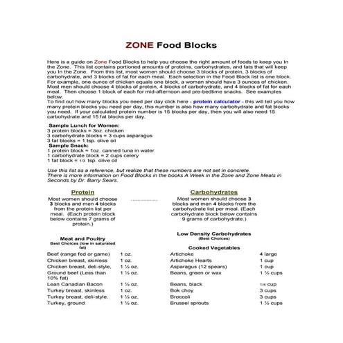 The Zone Diet Food Block Guide | PDF