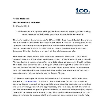 Zurich Insurance Plc - Data Loss | PDF