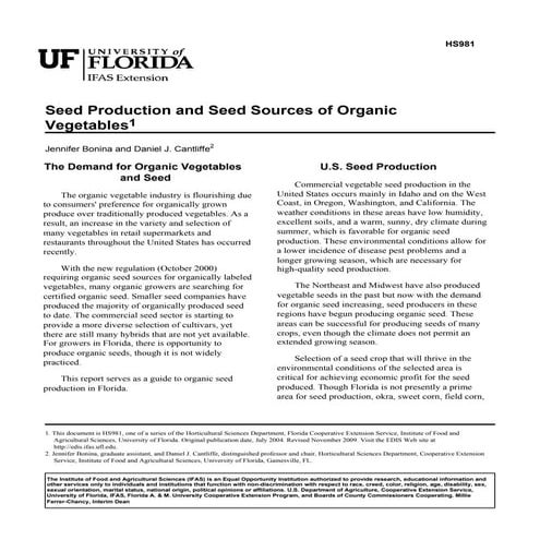 Seed Production and Seed Sources of Organic Vegetables | PDF