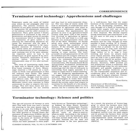 Terminator Seed Technology: Apprehensions and Challenges | PDF