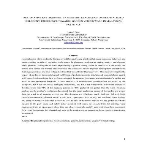 Restorative Environment: Caregivers Evaluation of Hosptitalized ...