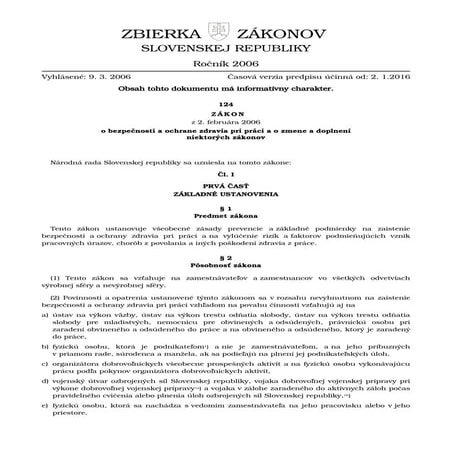Zákon o bezpečnosti a ochrane zdravia pri práci Zz 2006 124_20160102 | PDF